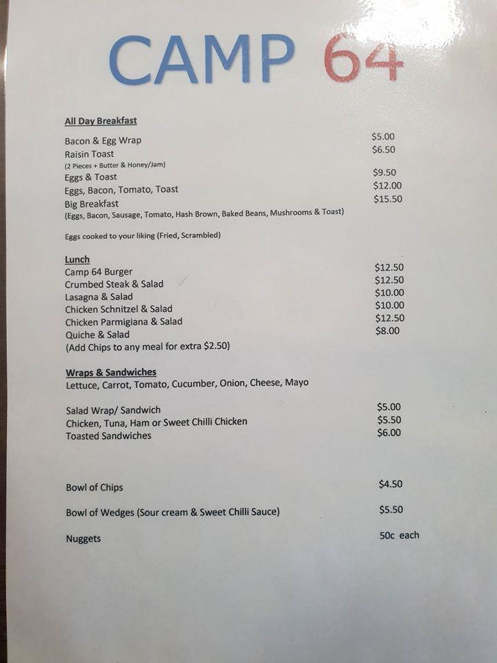 Menu at Camp 64 cafe, Dimbulah