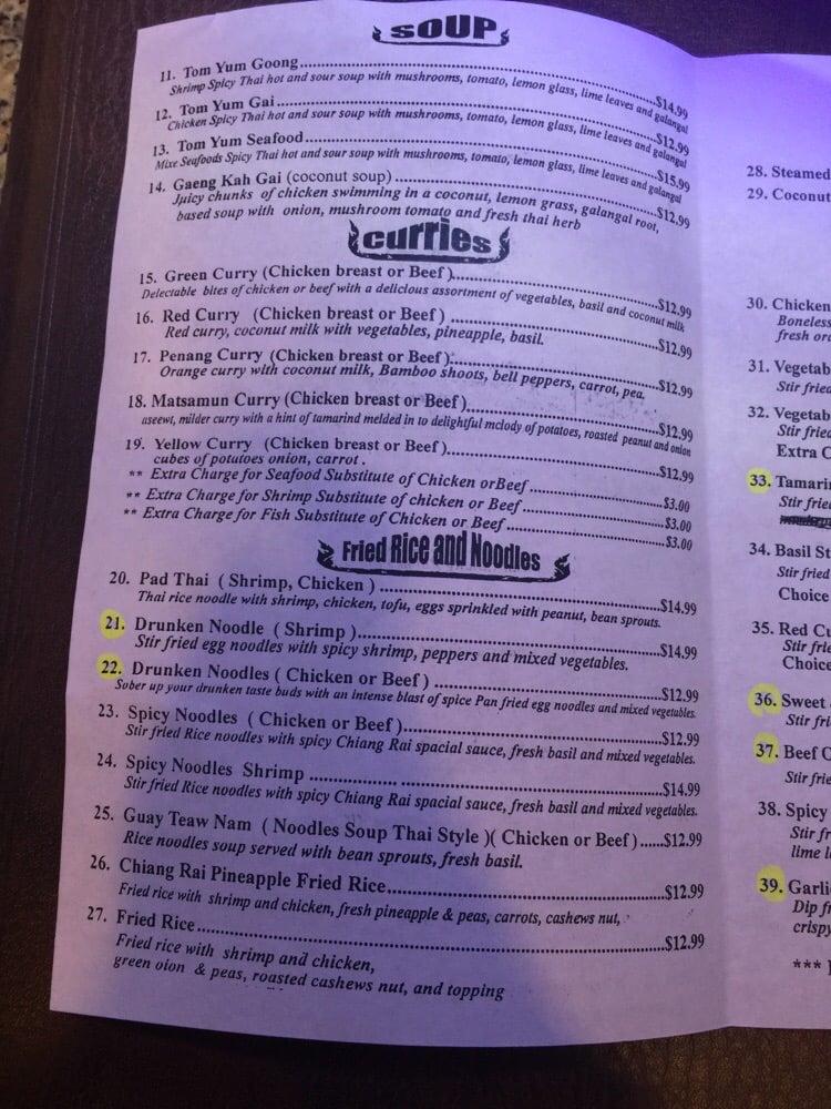 Menu at Chiang Rai Thai Cuisine restaurant, Cochrane