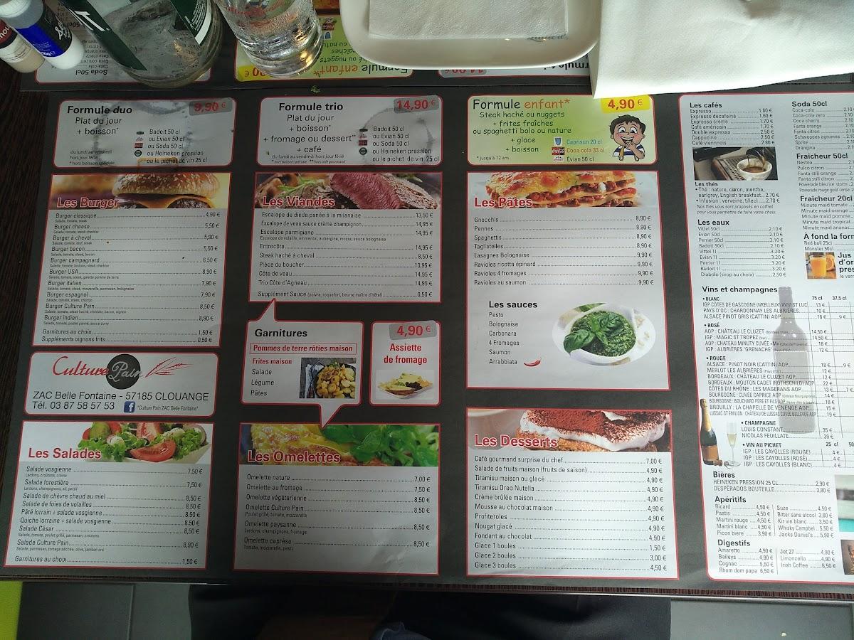 Menu au Culture Pain restaurant, Clouange, Zac Bellefontaine