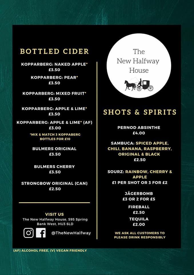 Menu at The Halfway House pub & bar, Hull, 595 Spring Bank W