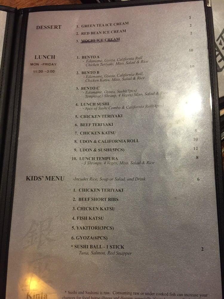 Menu at Kinja Japanese Restaurant, Yelm