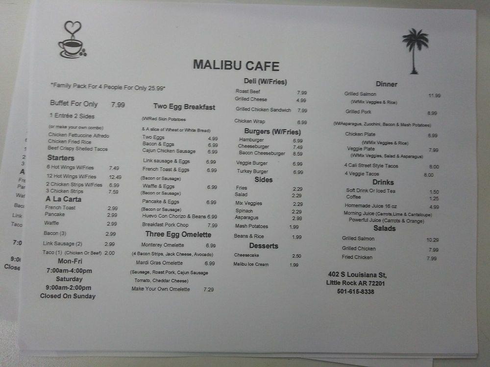 Menu at Malibu Cafe brunch all day, Little Rock