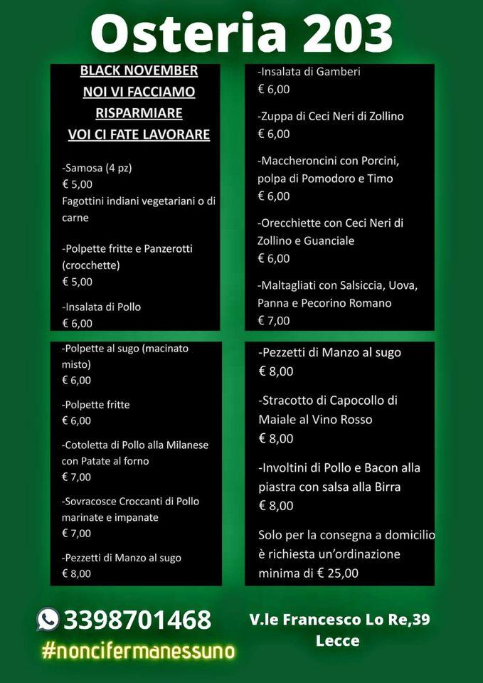 Menu at OSTERIA 203 restaurant, Lecce