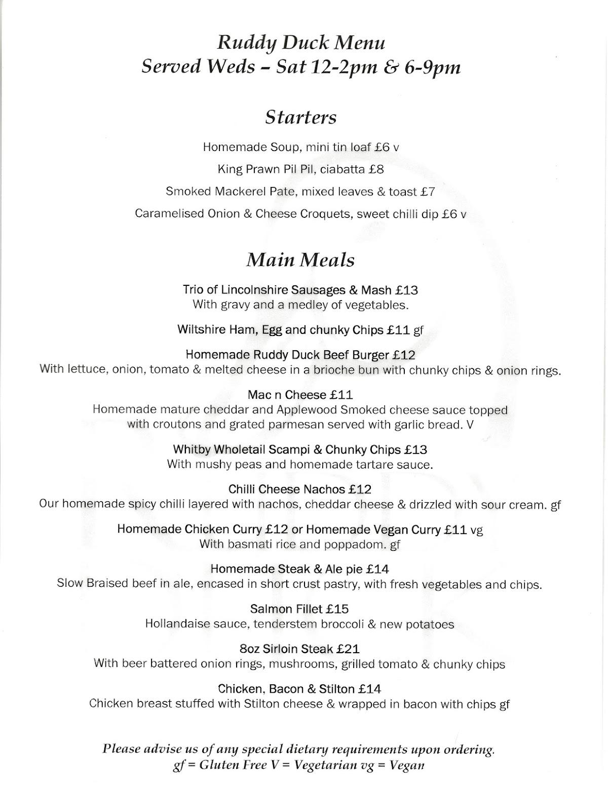 Menu at The Ruddy Duck restaurant, Peterborough