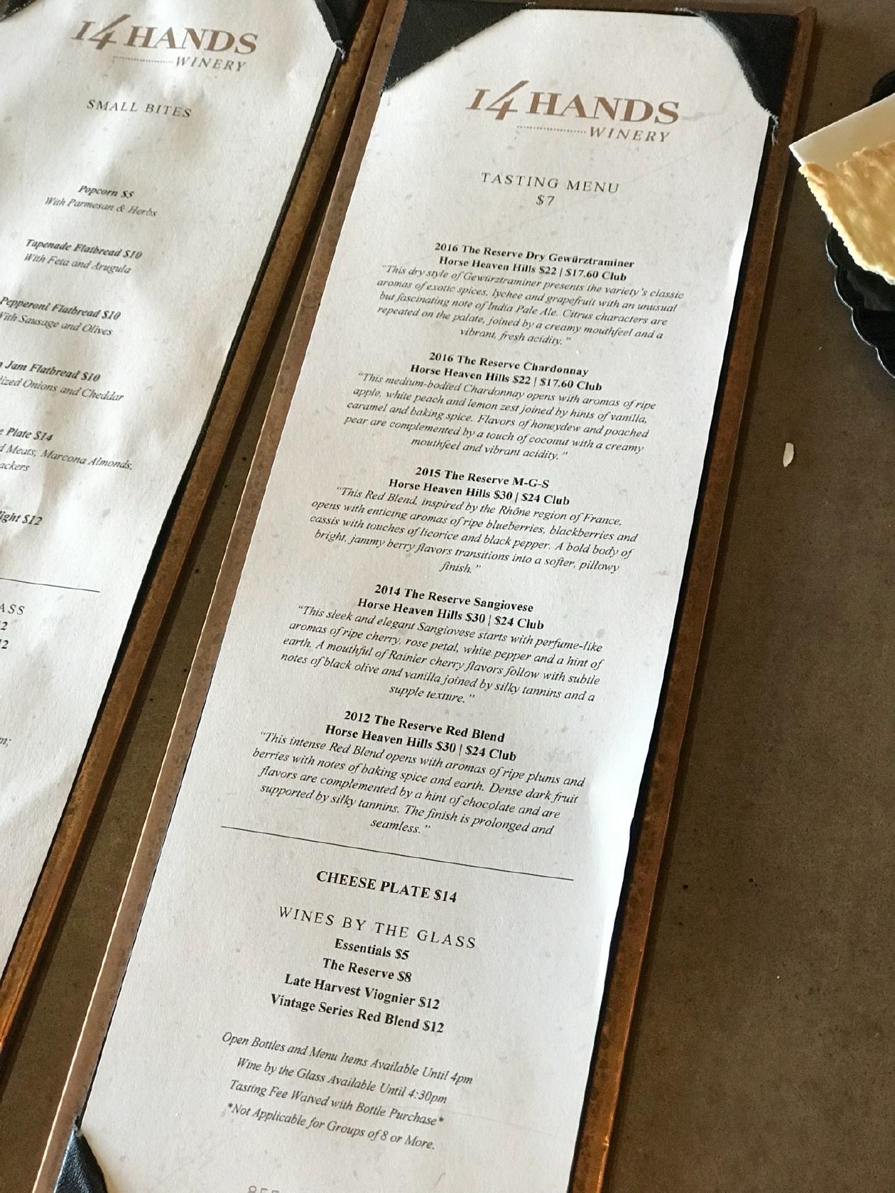 Menu at 14 Hands Winery, Prosser