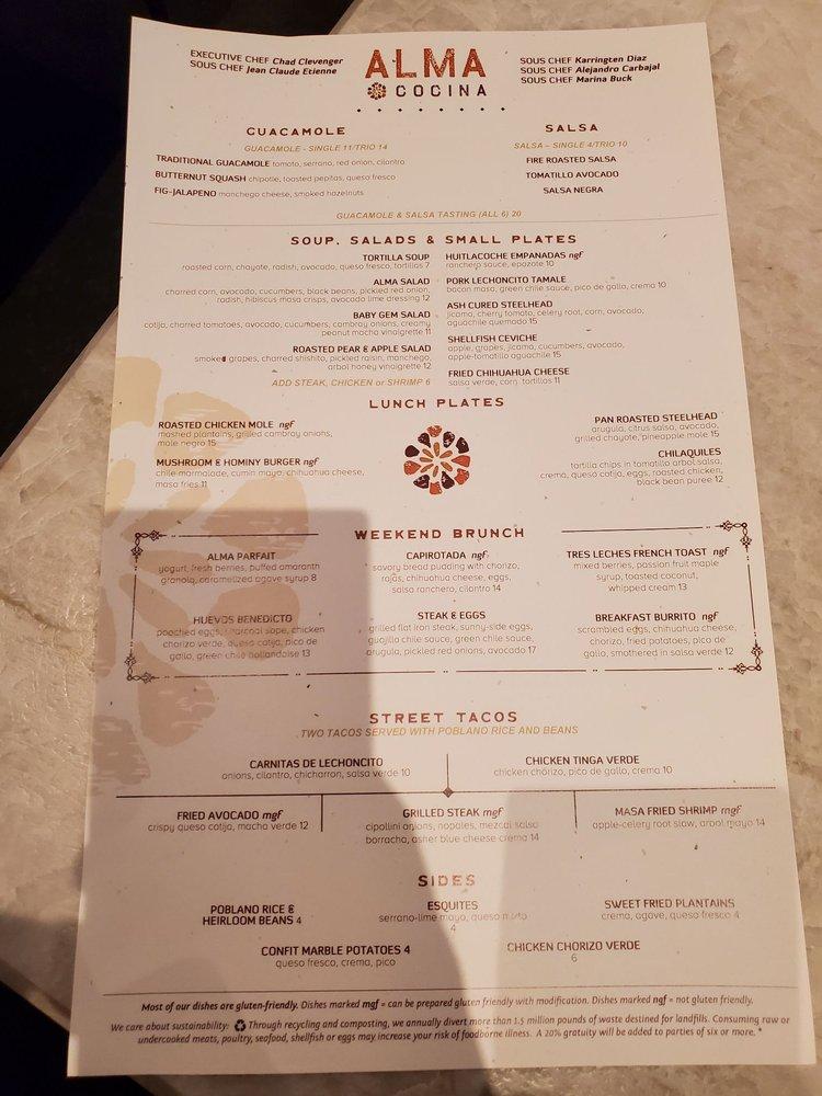 Menu at Alma Cocina Buckhead restaurant, Atlanta, 3280 Peachtree Rd NE #100