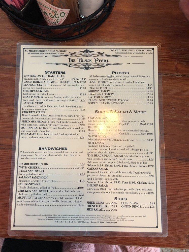 Menu at Black Pearl steakhouse, Galveston