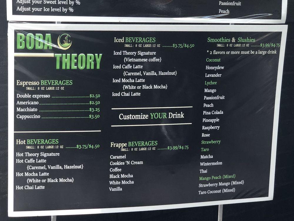 Menu at Boba Theory cafe, Morrow
