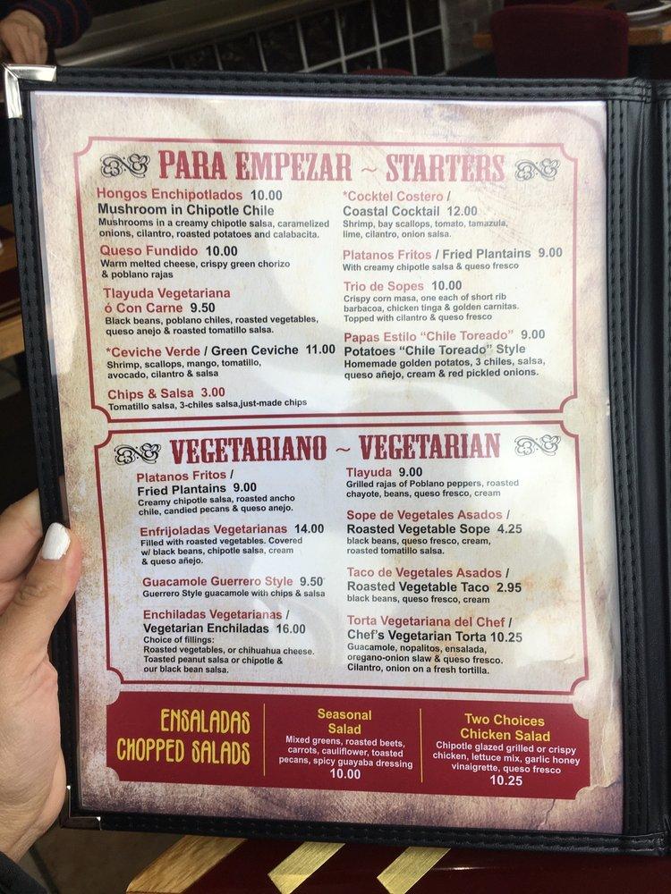 Menu at Chile Toreado restaurant, Chicago