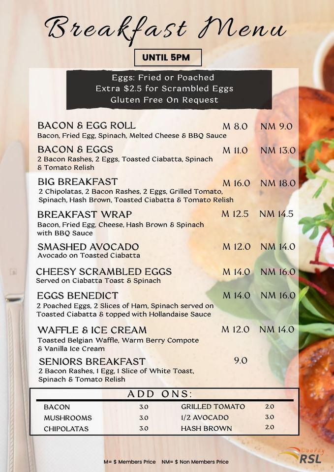 Menu at Cooroy RSL club, Cooroy