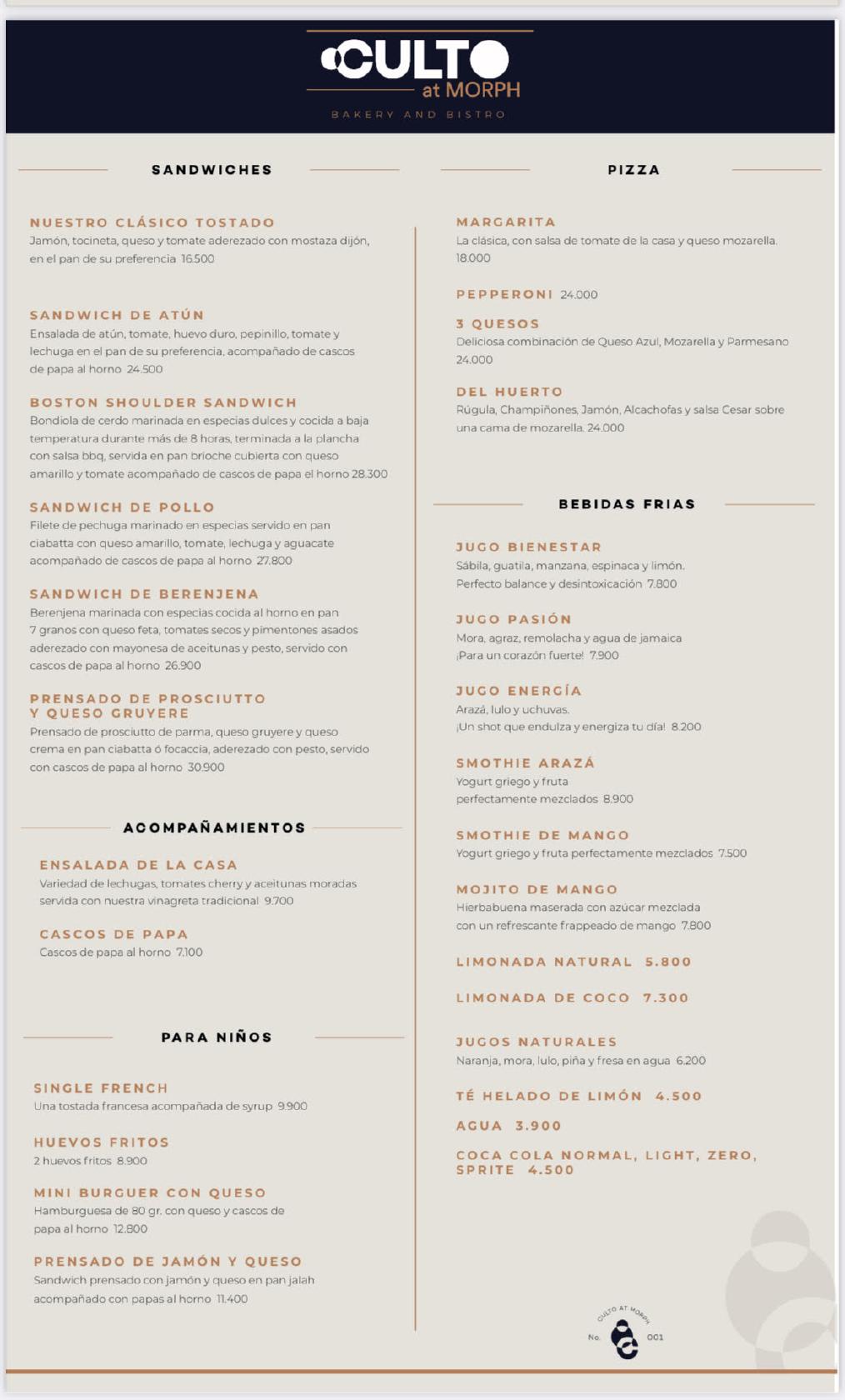 Carta del restaurante Culto at Morph, Bogotá