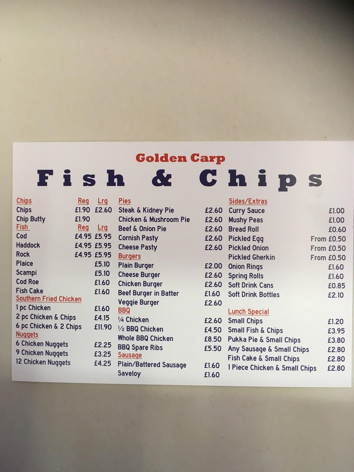 Menu at Golden Carp fast food, London