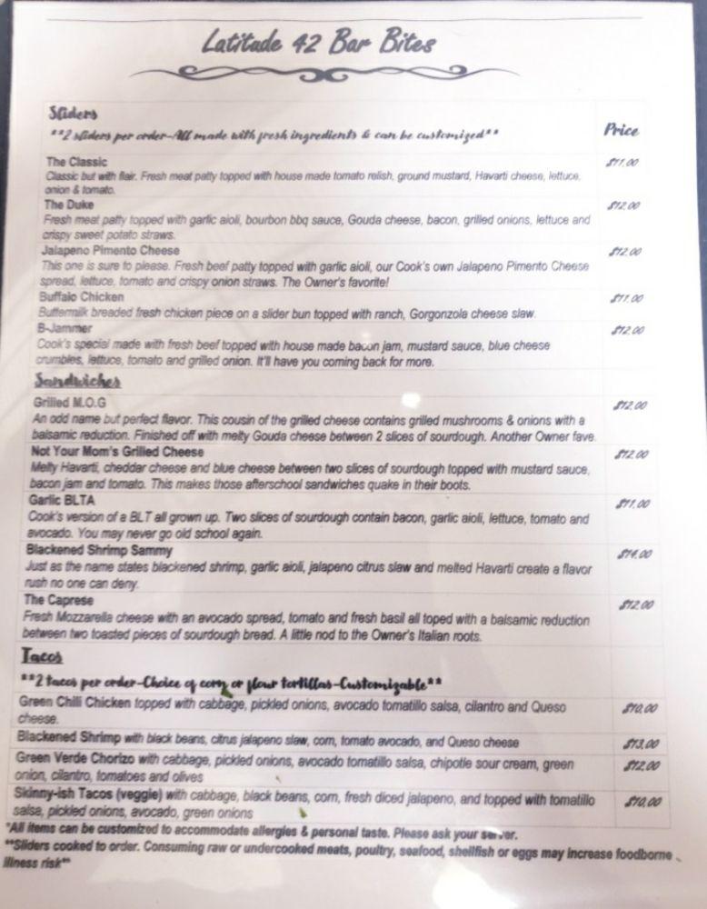 Menu at Latitude 42 Bar & Grill, Harbor