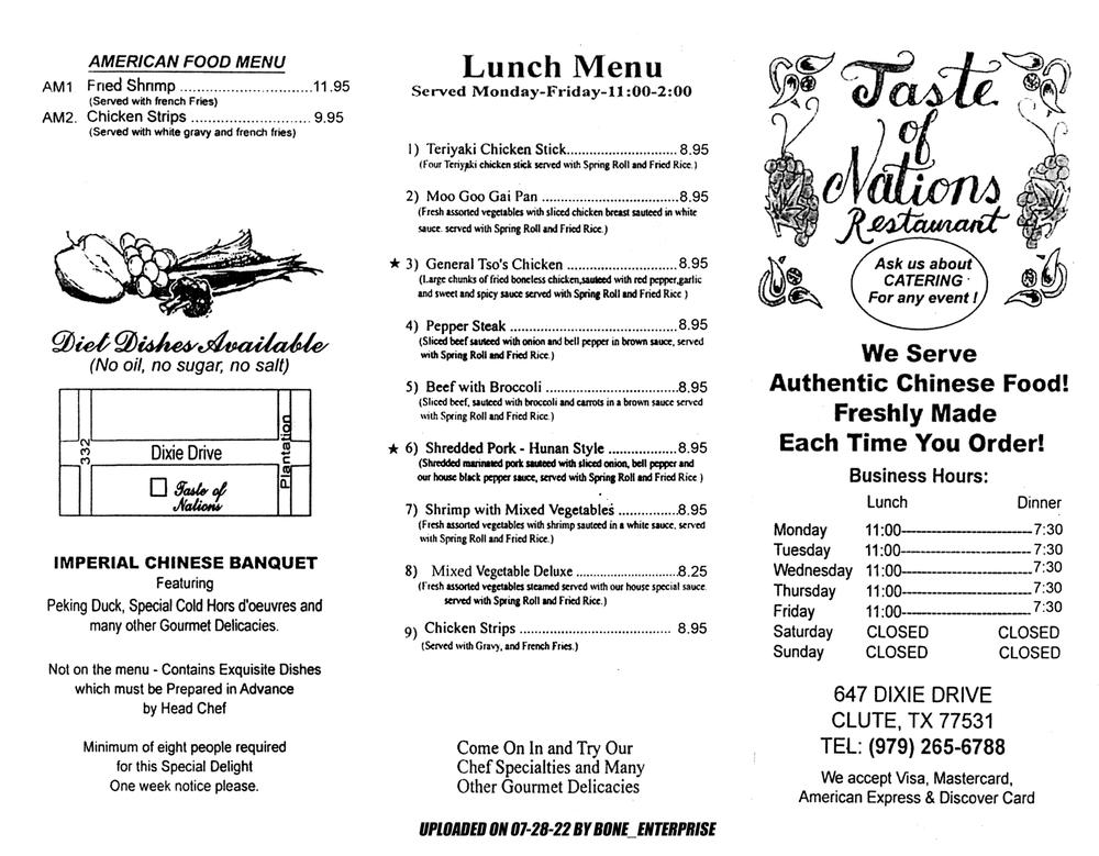Menu at Taste of Nations Restaurant, Clute