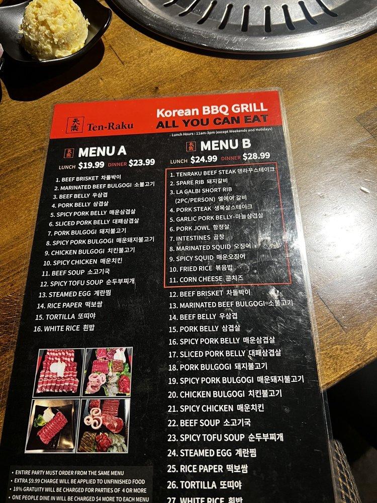 Carta de barbacoa Ten-Raku All You Can Eat, Lynwood