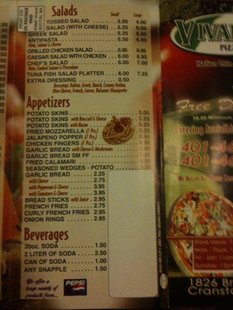 Menu at Vivaldi's Pizza pizzeria, Cranston