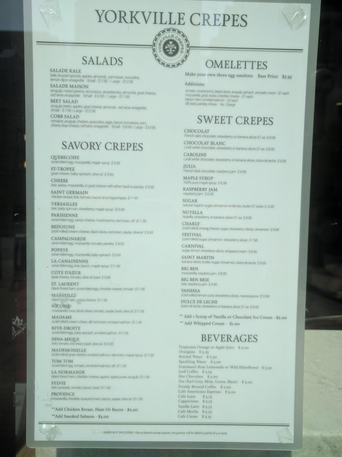 Menu at Yorkville Crepes cafe, Toronto, 18 Yorkville Ave #1