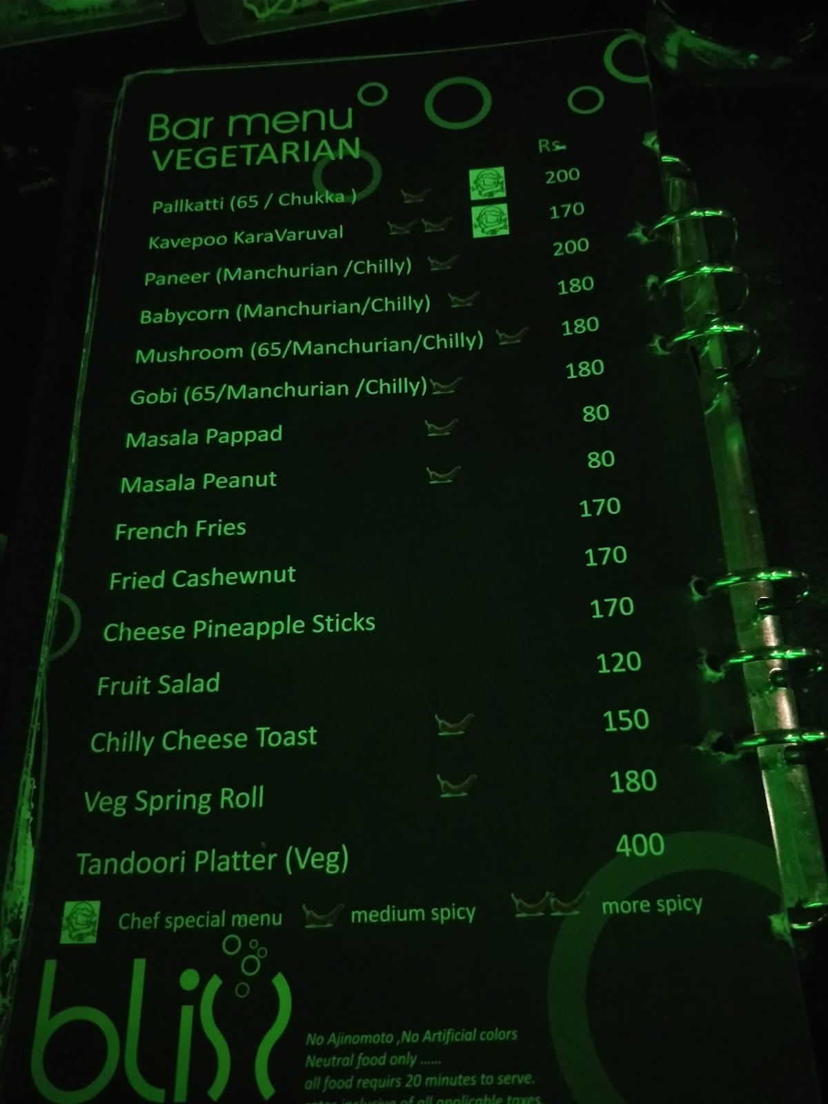 Menu at Bliss Bar, Chennai, 25Q5+6X2