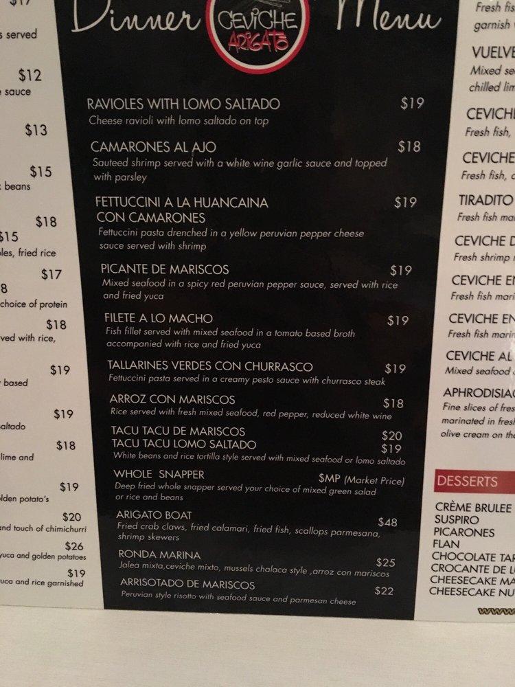 Menu at Ceviche Arigato restaurant, Lake Park, 10th St