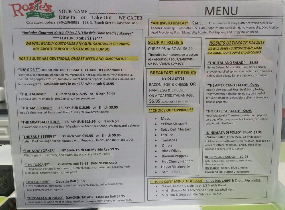 Menu at Rosie's Italian Bakery & NY Style Deli, Daytona Beach