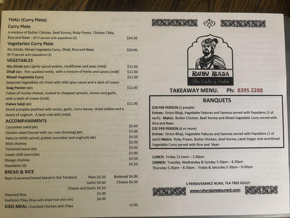 Menu at Ruby Raja Indian Restaurant, Tea Tree Gully