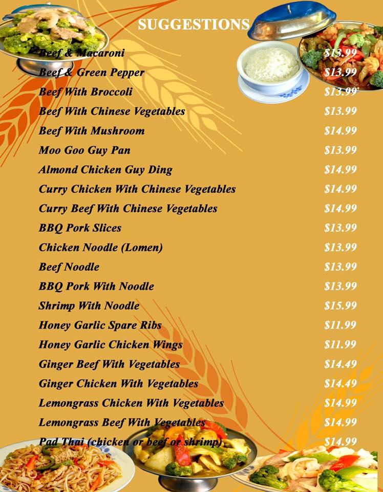 Menu au Tran's Place restaurant, Moncton