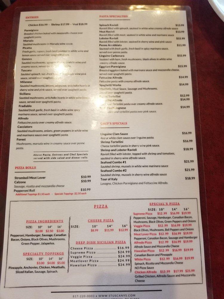 Menu at Tuscany’s Italian Restaurant, Springtown