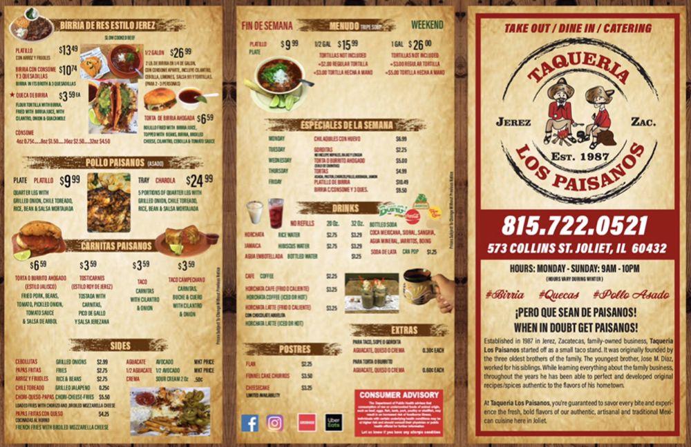 Menu at Taqueria Los Paisanos restaurant, Joliet