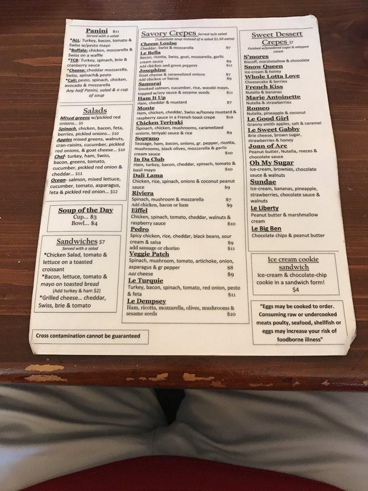 Menu at Betsy's Crepes restaurant, Southern Pines