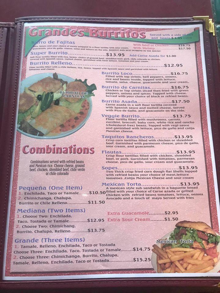 Menu at El Rancho Viejo restaurant, Battle Ground