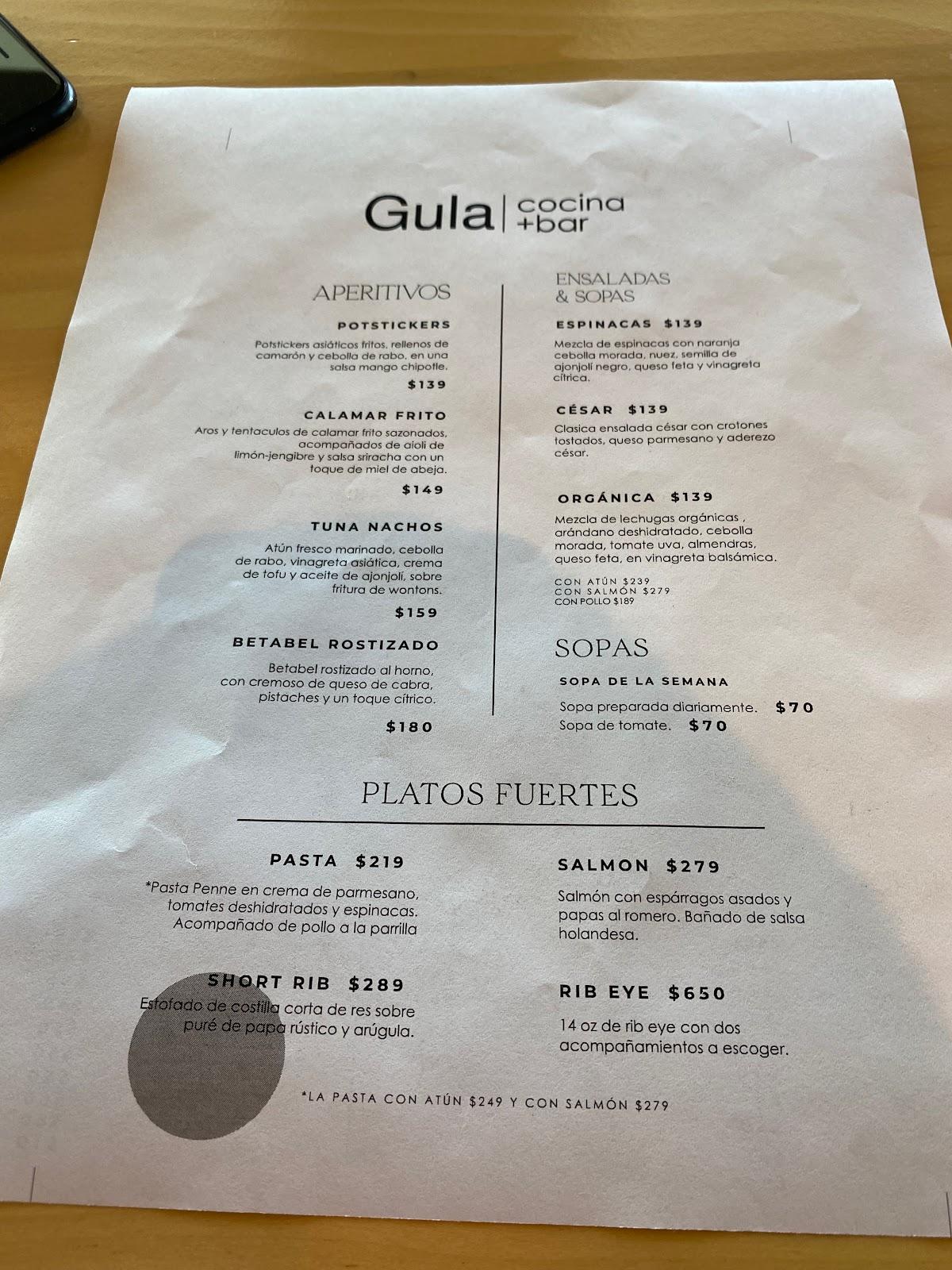 Menu at Gula Cocina + Bar (Cantabria), Ciudad Juarez, Avenida del Charro