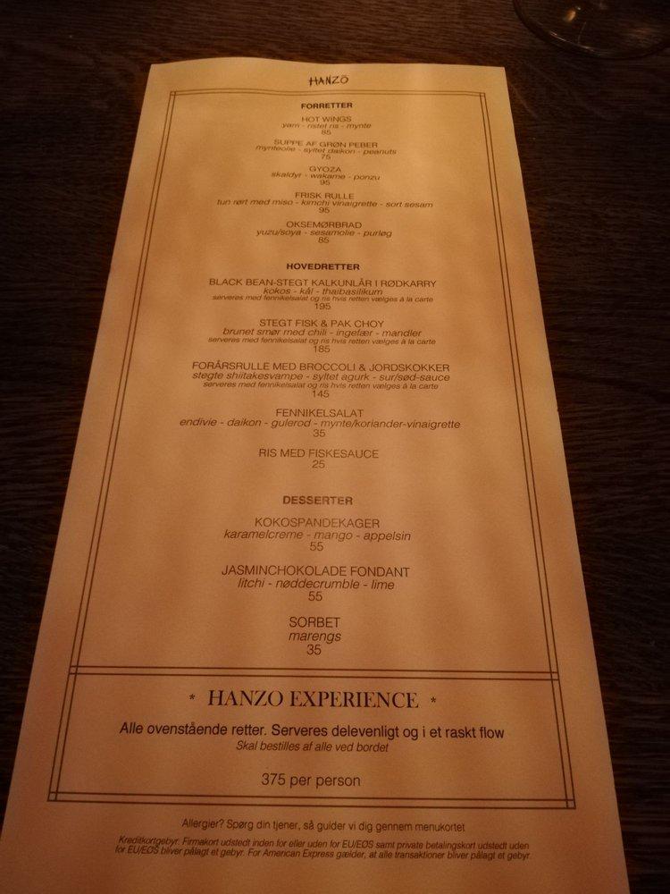 Menu at Hanzo - Vesterbro restaurant, Copenhagen, Værnedamsvej 14