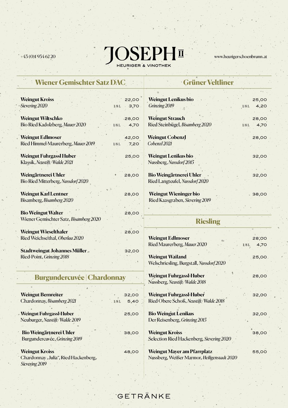 Speisekarte von Joseph II. - Das Schloss-Restaurant Schönbrunn, Wien