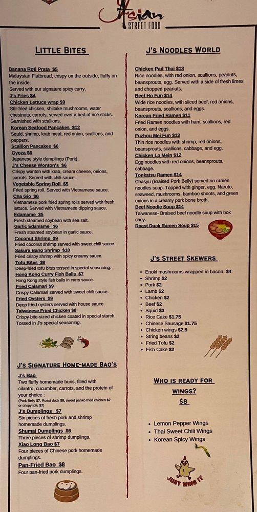Menu at J's Asian Street Food restaurant, Tallahassee