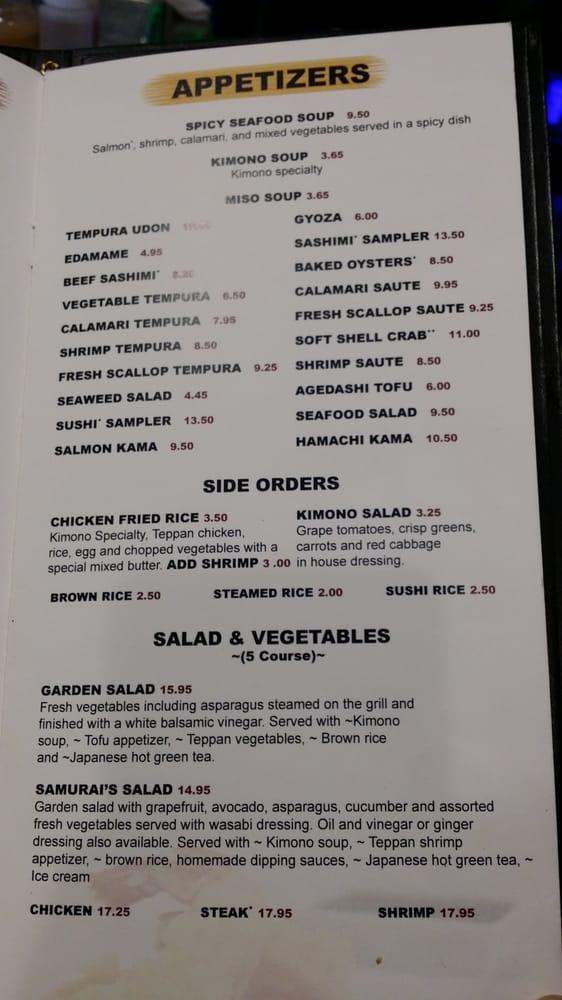 Menu at Kimono Japanese Restaurant, Benicia