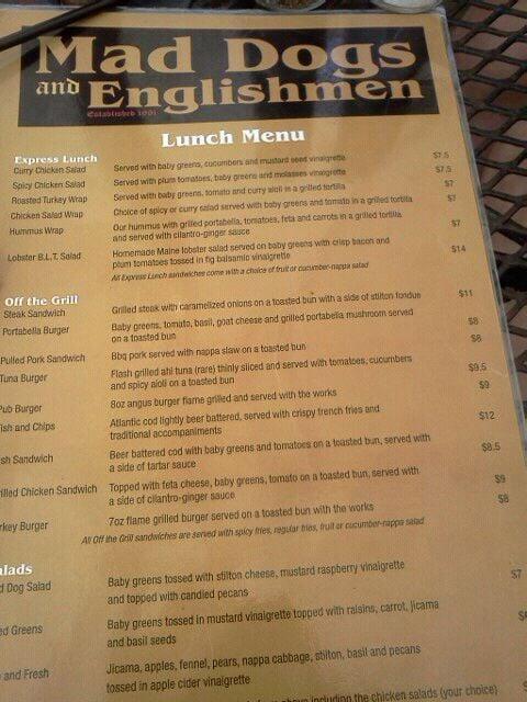 Menu at Mad Dogs & Englishmen restaurant, Tampa
