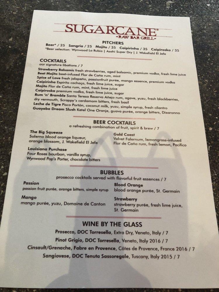Menu at Sugarcane restaurant, Miami