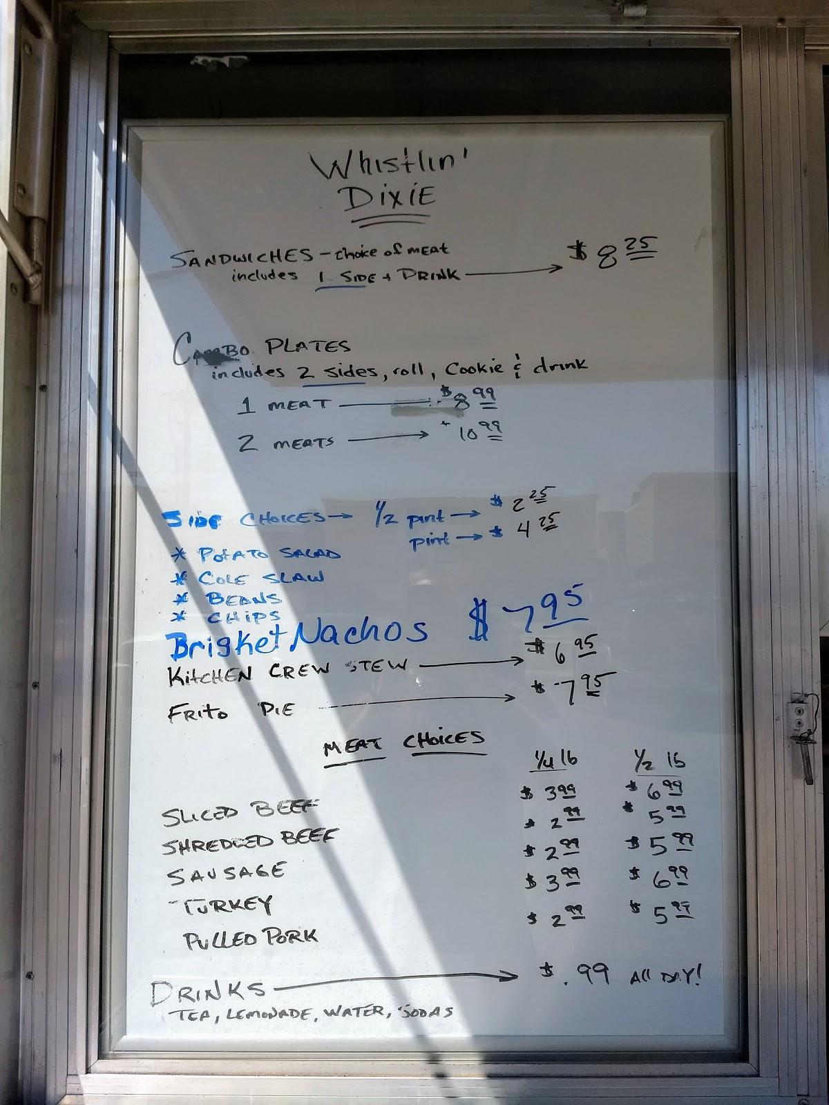 Menu at Whistlin' Dixie BBQ Trailer, Lubbock