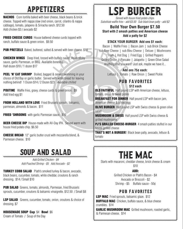 Menu at Lake Street Pub, Boyne City