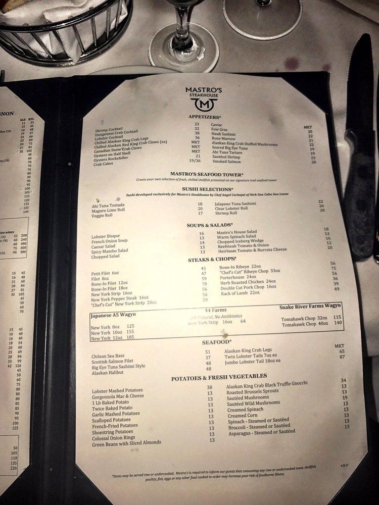 Menu at Mastro's Steakhouse, Palm Desert, El Paseo STE 120