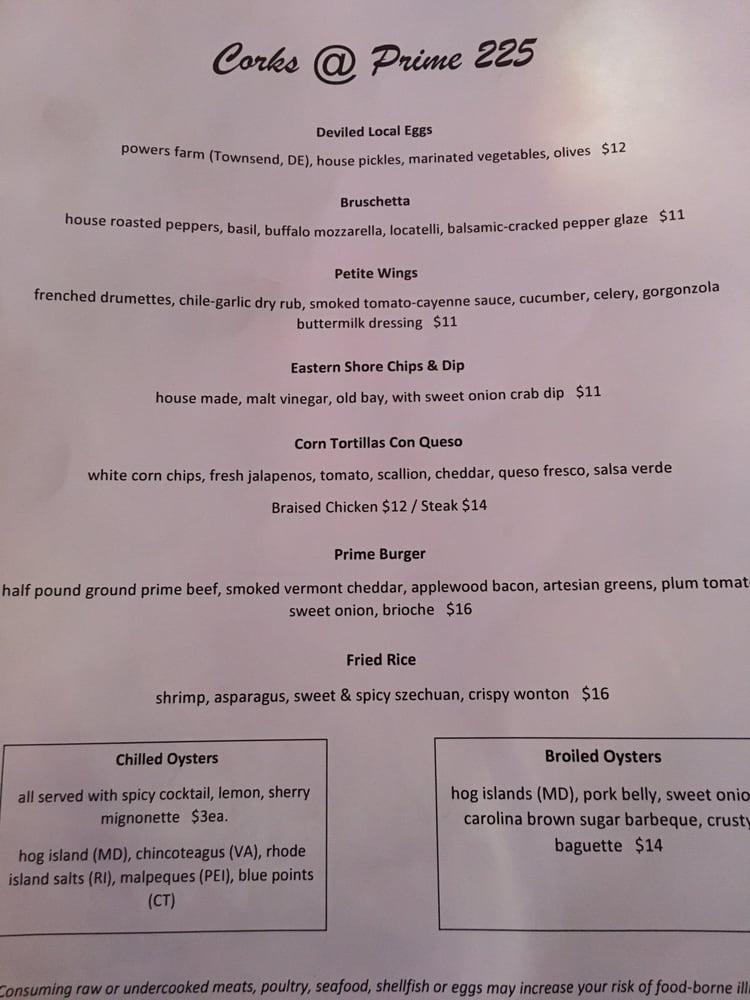 Menu at Prime 225 pub & bar, Chesapeake City