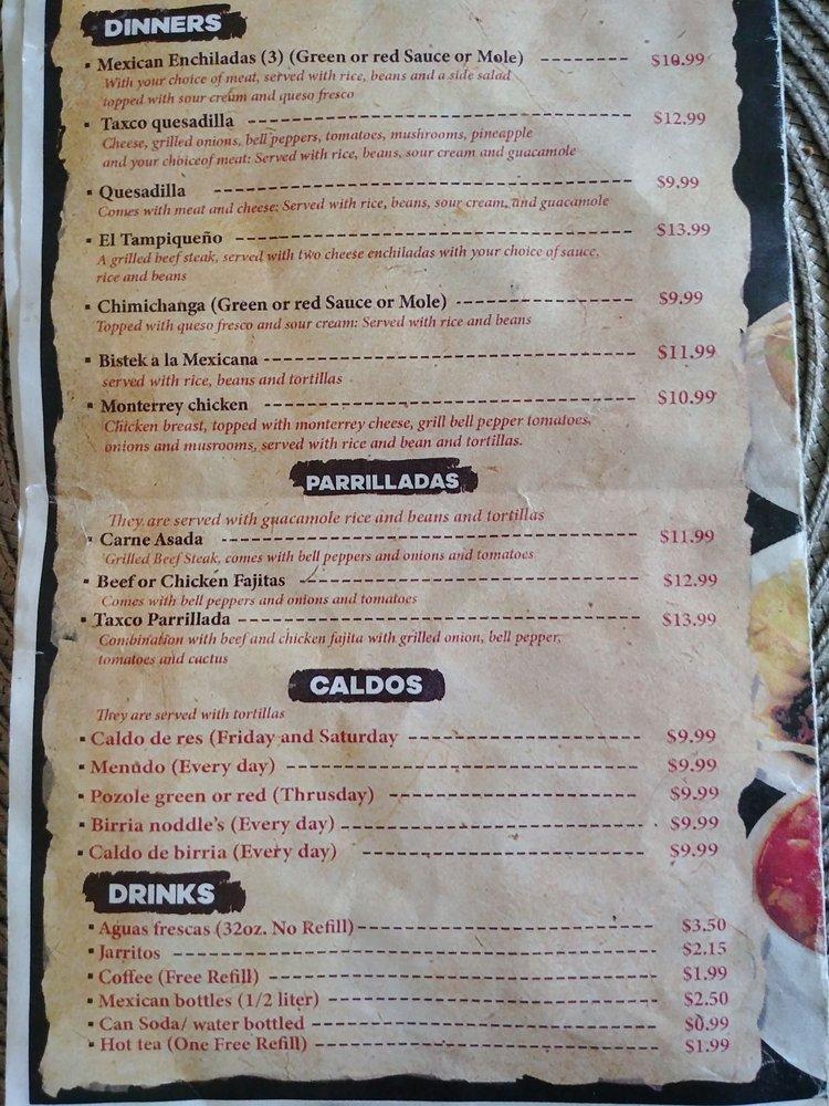 Menu at Taqueria Flor de Taxco restaurant, Tyler