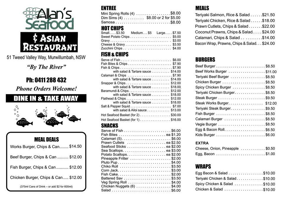 Menu at Allan's Seafood Restaurant, South Murwillumbah