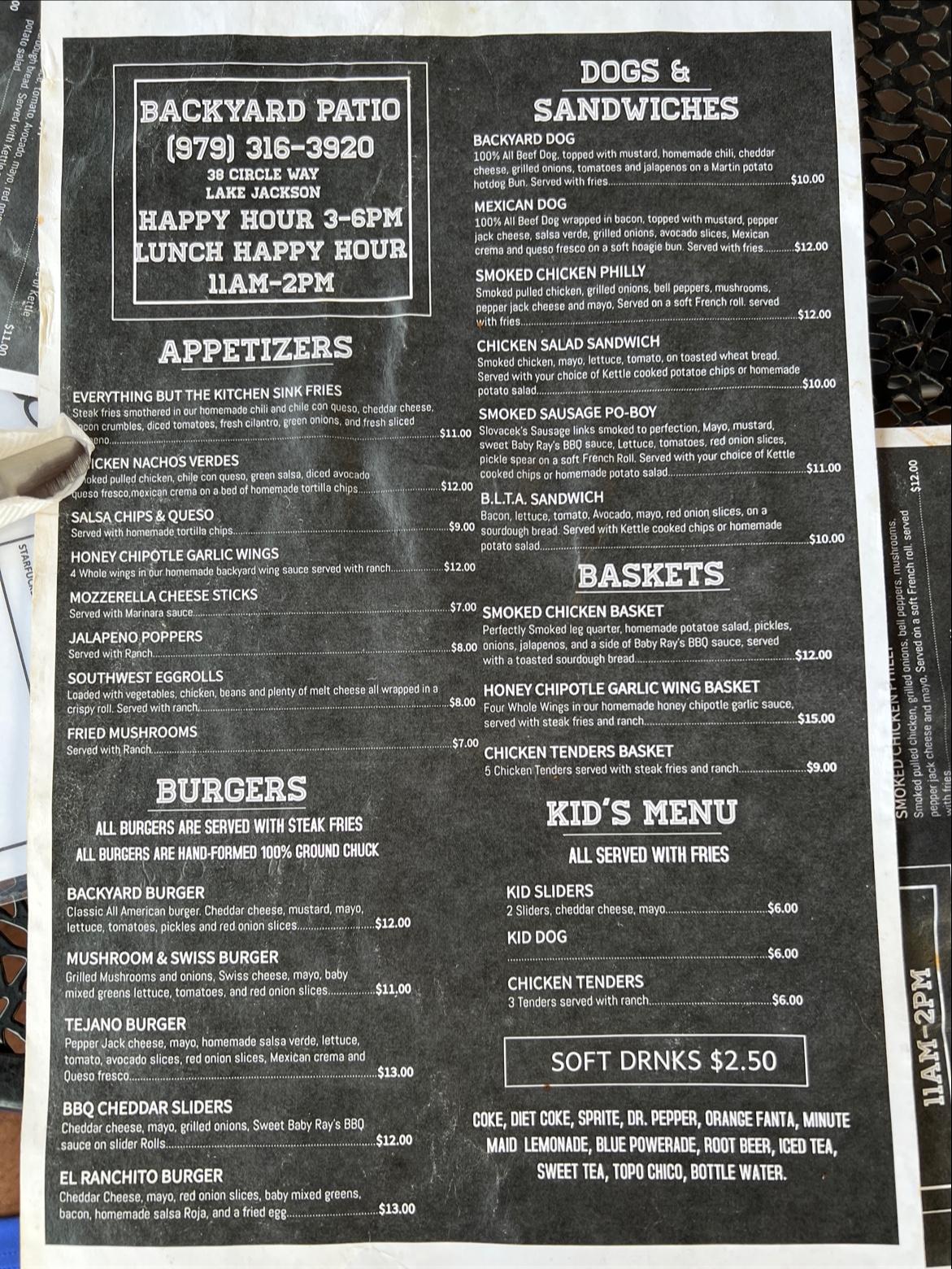Menu at Backyard Patio pub & bar, Lake Jackson