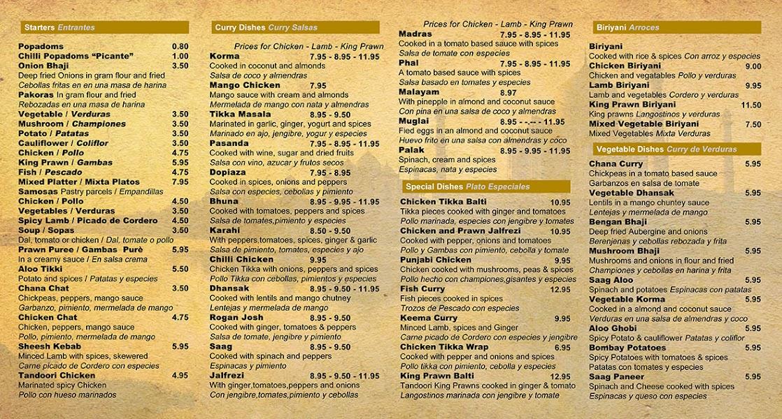 Menu at Bollywood Indian Restaurant, Los Belones