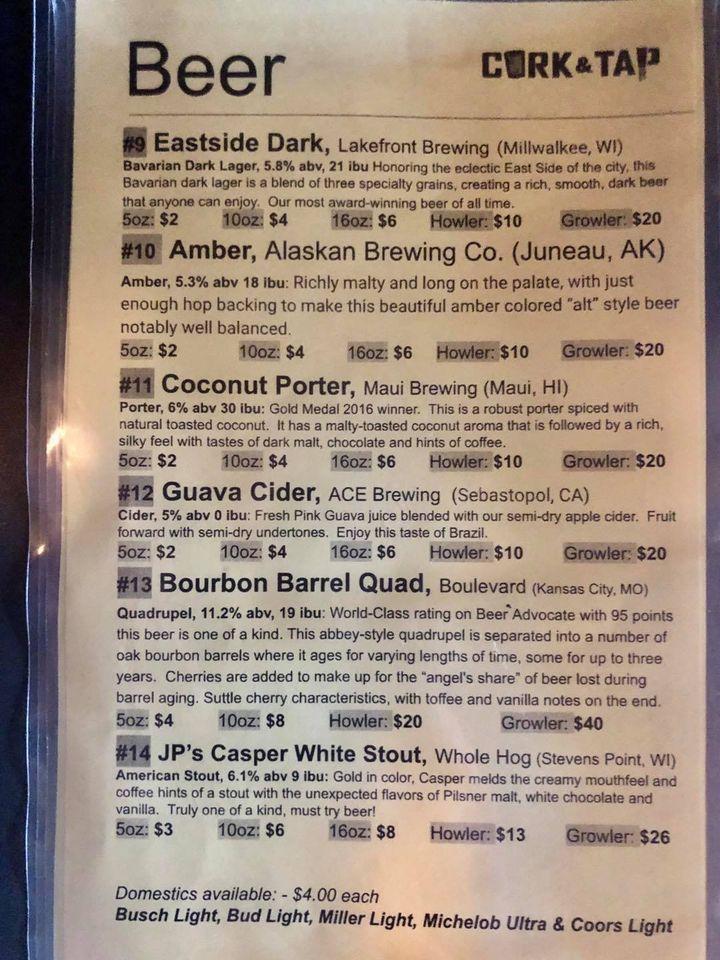 Menu at Cork & Tap pub & bar, Oregon, 305 W Washington St