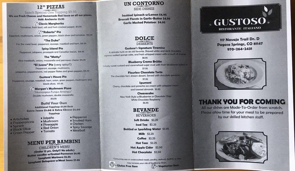 Menu at Gustoso Italian Restaurant, Pagosa Springs