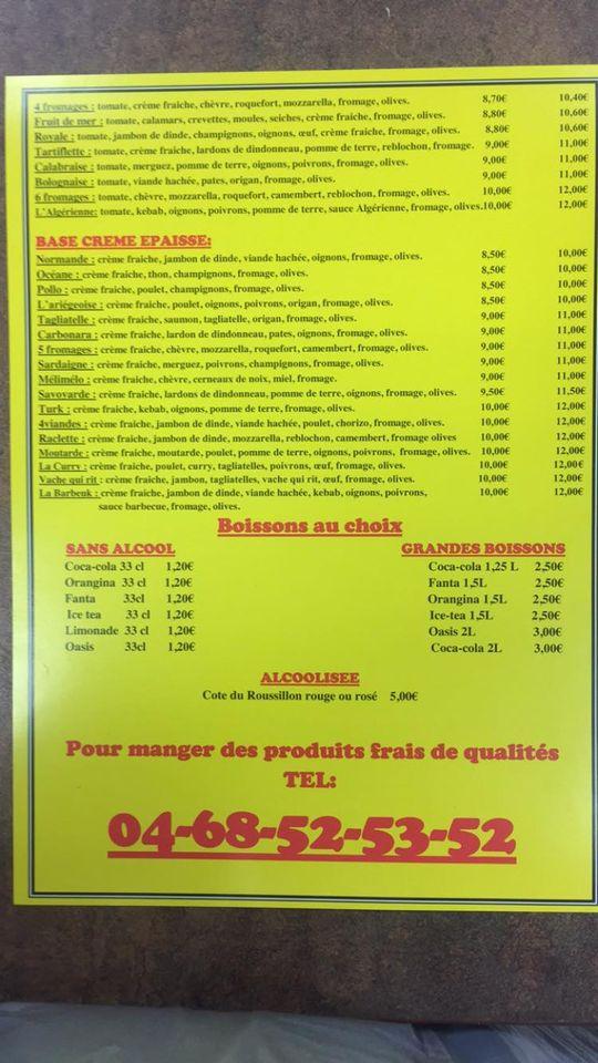 Menu at La Royale pizzeria, Perpignan, 7 Bis Av. de l'Aérodrome
