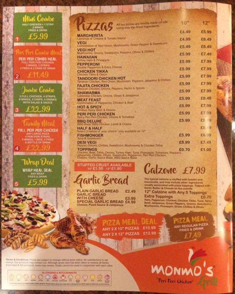 Menu at Monmos restaurant, Derby