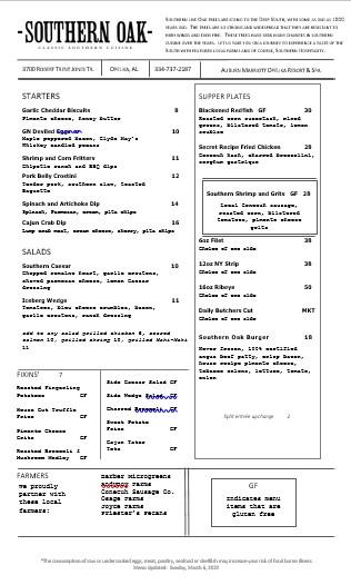 Menu at Southern Oak steakhouse, Opelika, 3700 Robert Trent Jones Trail